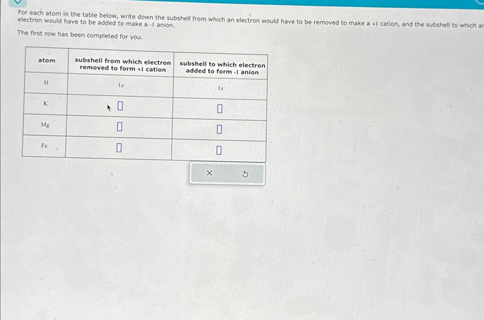 Solved For each atom in the table below, write down the | Chegg.com