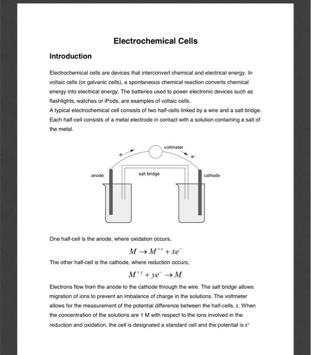 Electrochemical Cells Introduction Electrochemical | Chegg.com