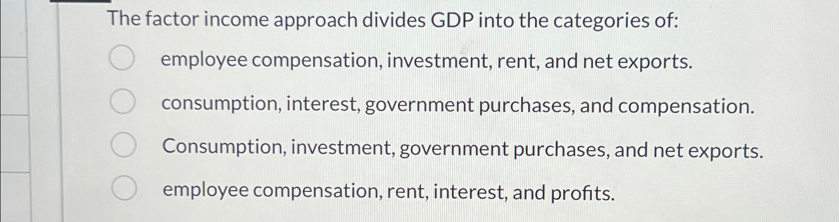 Solved The factor income approach divides GDP into the | Chegg.com
