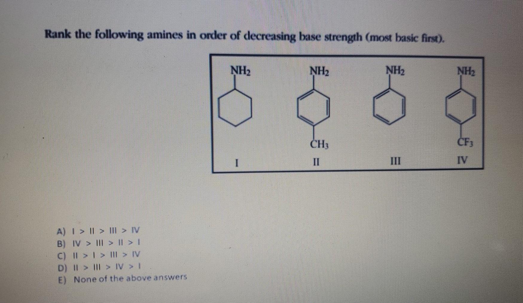 Solved Rank the following amines in order of decreasing base | Chegg.com