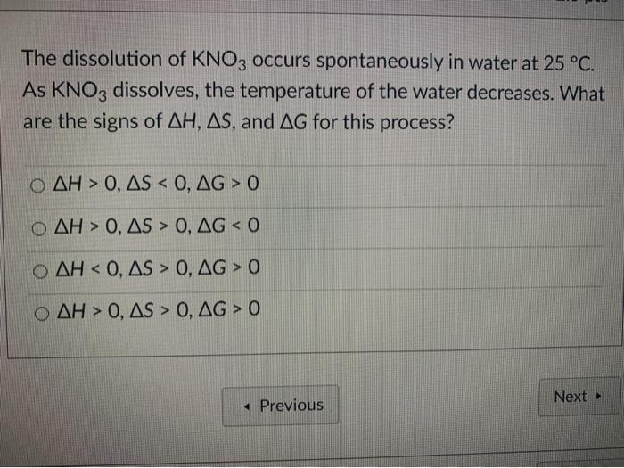 Solved The dissolution of KNO3 occurs spontaneously in water | Chegg.com