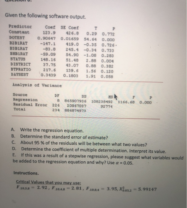 Solved Given the following software output. Predictor | Chegg.com