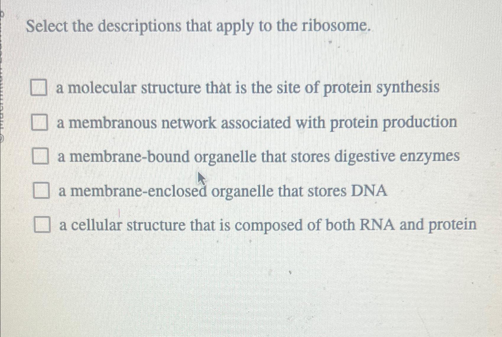 Solved Select the descriptions that apply to the ribosome.a | Chegg.com
