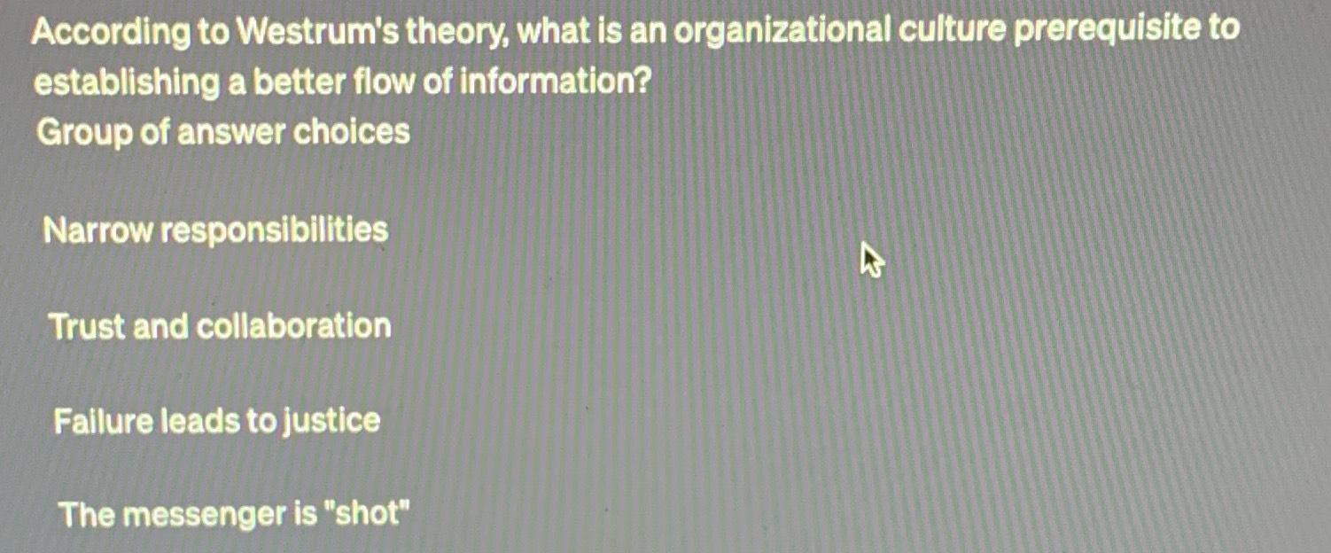 Solved According to Westrum's theory, what is an | Chegg.com