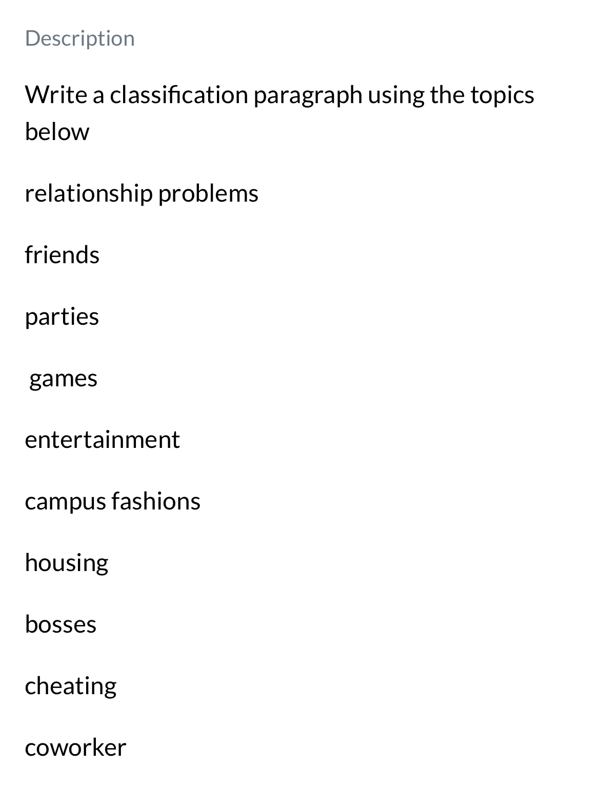 DescriptionWrite a classification paragraph using the | Chegg.com