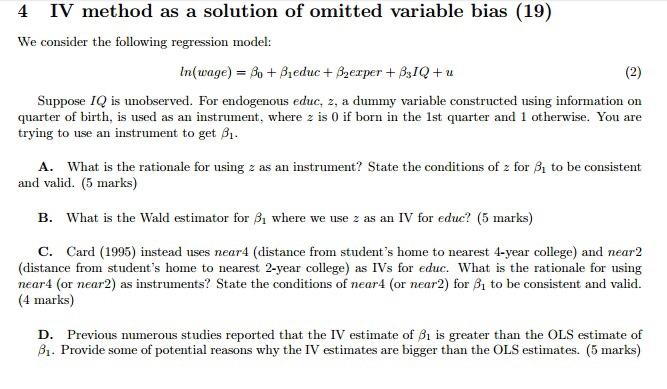 4 IV method as a solution of omitted variable bias | Chegg.com