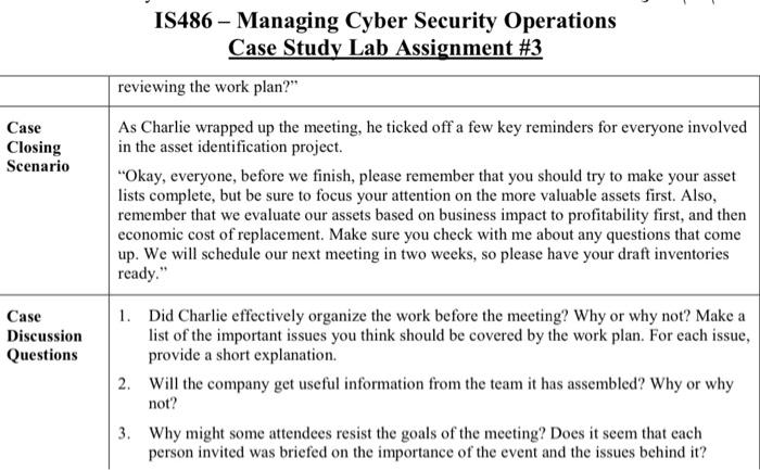 IS486 - Managing Cyber Security Operations Case Study | Chegg.com