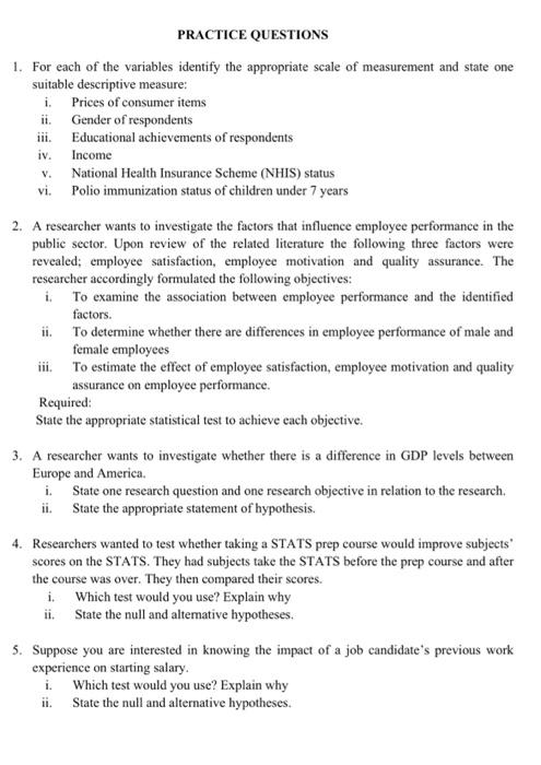 1. For each of the variables identify the appropriate | Chegg.com