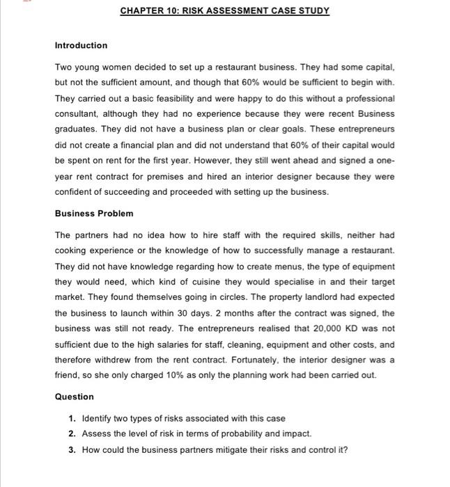 Solved CHAPTER 10: RISK ASSESSMENT CASE STUDY Introduction | Chegg.com