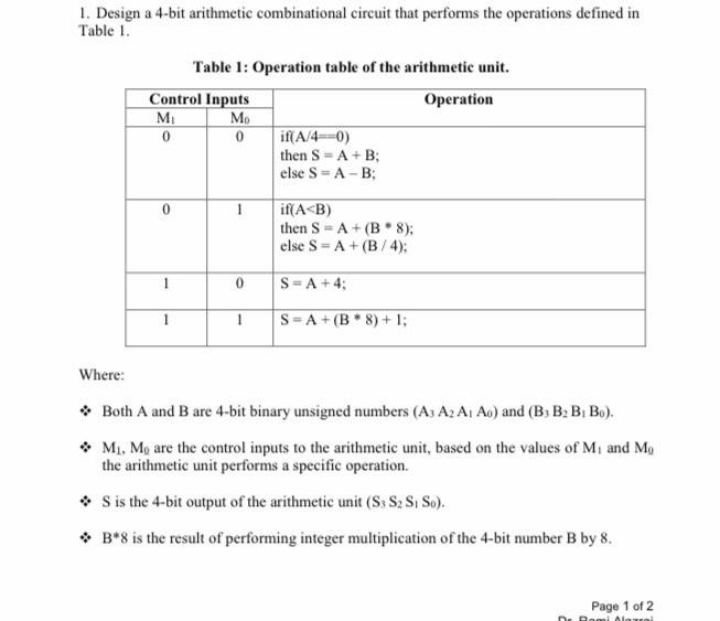 Solved 1. Design a 4-bit arithmetic combinational circuit | Chegg.com