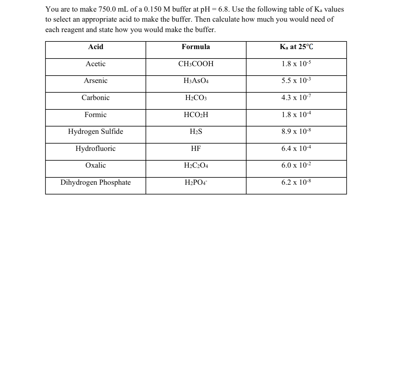 Solved You are to make 750.0mL ﻿of a 0.150M ﻿buffer at | Chegg.com