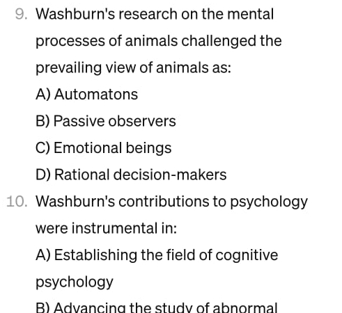 Solved Washburn's research on the mental processes of | Chegg.com