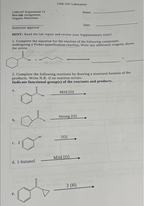 Solved CHE107 Experiment 12 Pre-lab Assignment Organic | Chegg.com