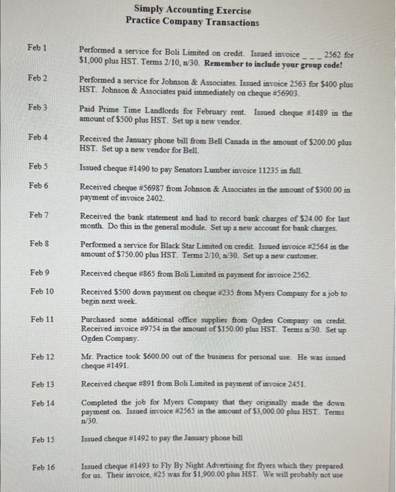 Simply Accounting Exercise Practice Company | Chegg.com