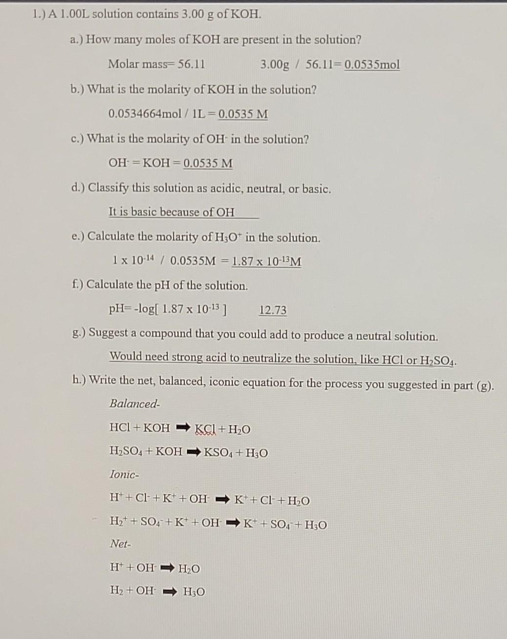 1.) A 1.00L solution contains 3.00g of KOH. a.) How | Chegg.com