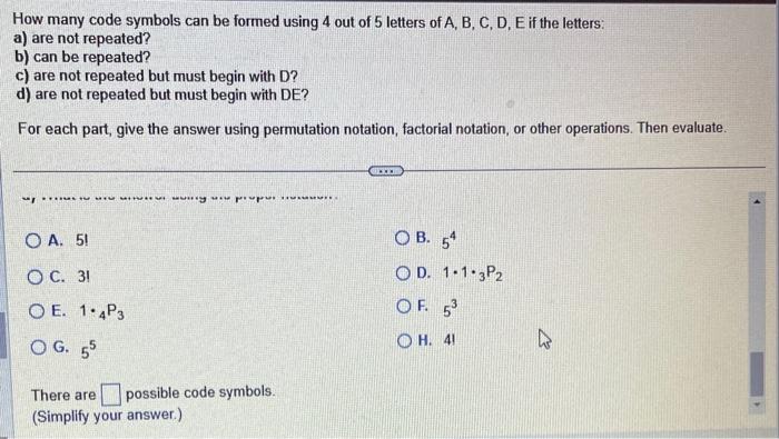 Solved How many code symbols can be formed using 4 out of 5 | Chegg.com
