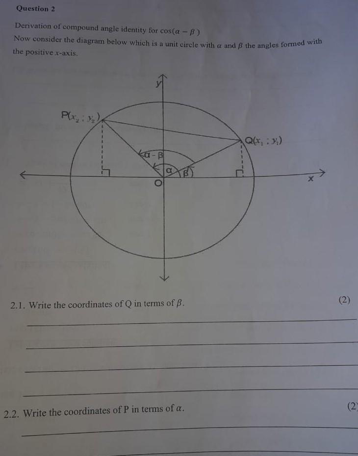 Solved Derivation of compound angle identity for cos(α−β) | Chegg.com