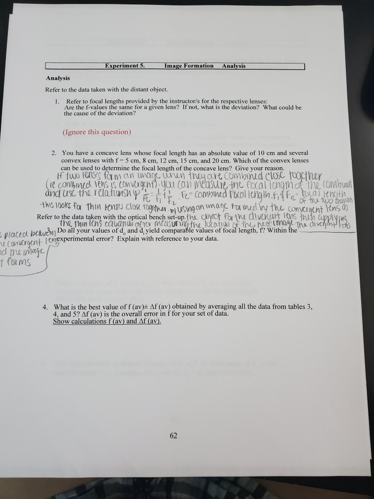 Experiment 5: Focal Length of a Lens Data 1. Sorting | Chegg.com