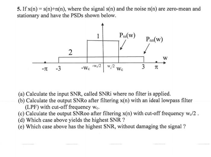 Solved 5. If x(n)=s(n)+n(n), where the signal s(n) and the | Chegg.com