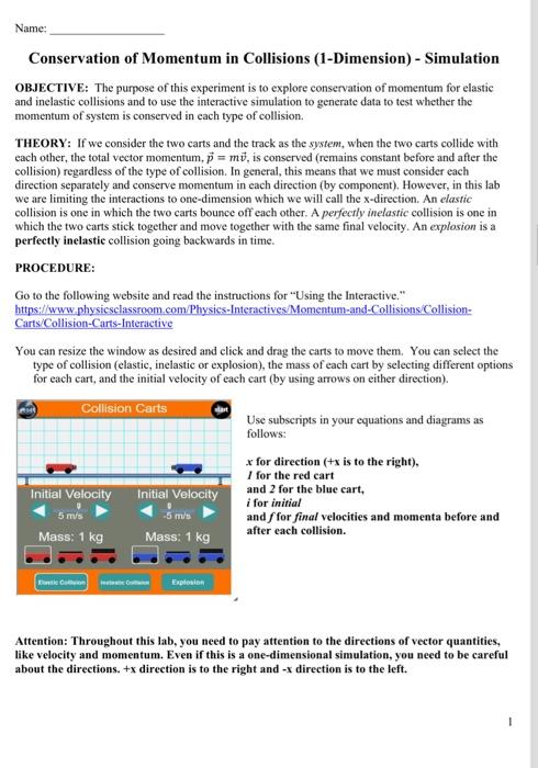 Name: Conservation of Momentum in Collisions | Chegg.com