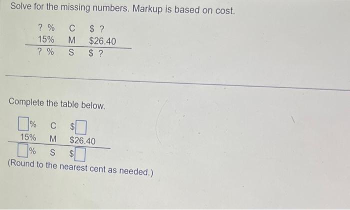 Solved Solve for the missing numbers. Markup is based on | Chegg.com