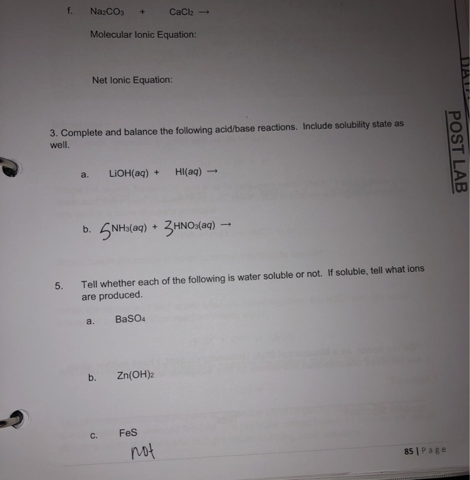 Solved Na2CO3 + CaCl2 - Molecular lonic Equation: Net lonic | Chegg.com