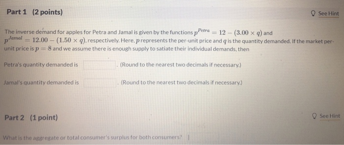Solved Part 1 (2 points) See Hint The inverse demand for | Chegg.com