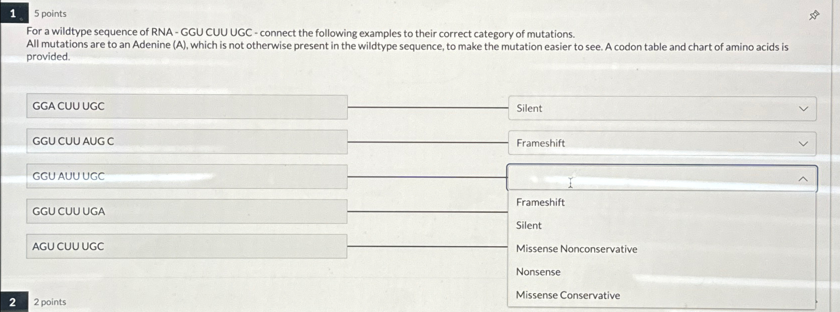 Solved 15 ﻿pointsFor a wildtype sequence of RNA - ﻿GGU CUU | Chegg.com