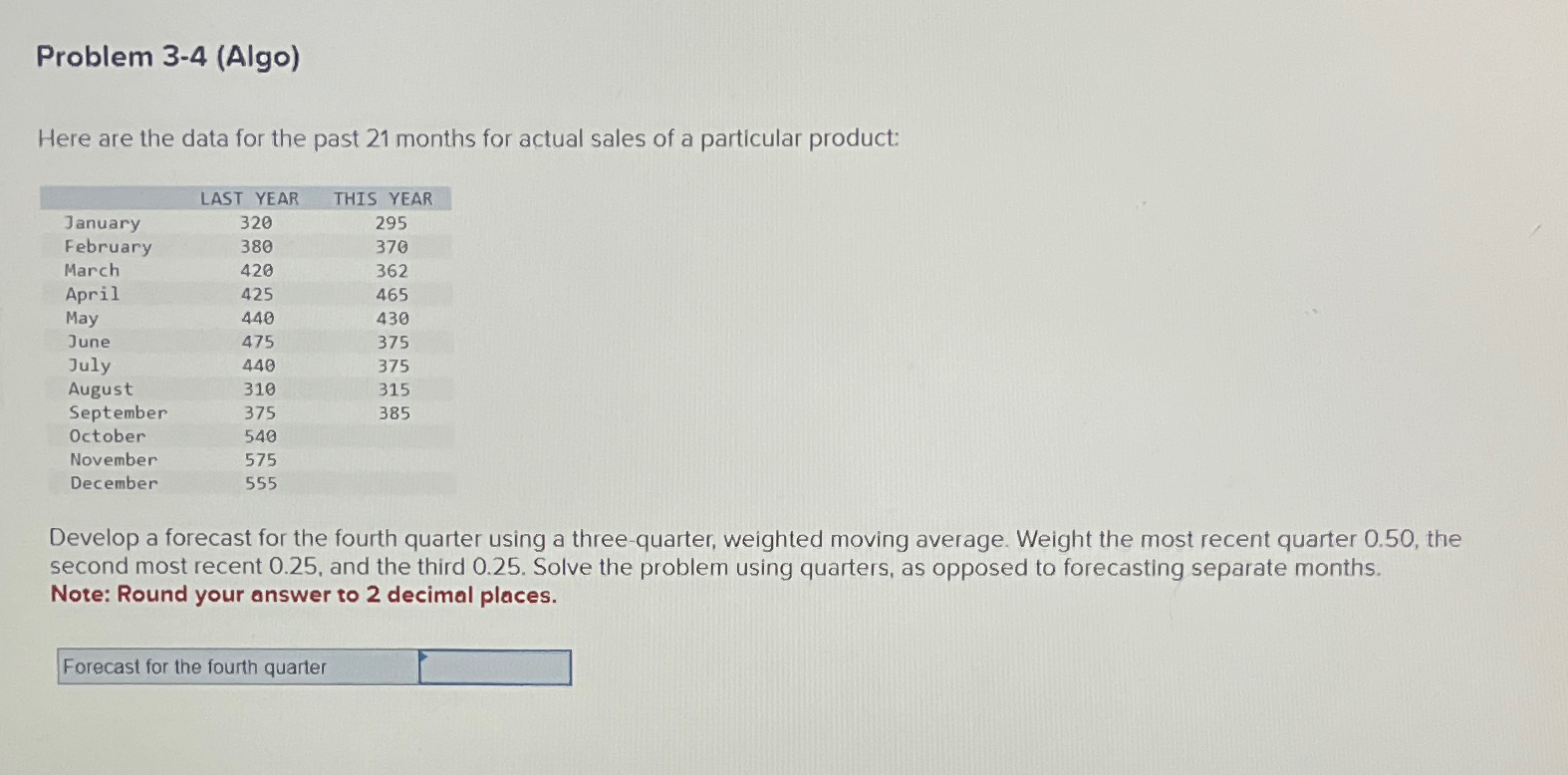 Solved Problem 3-4 (Algo)Here are the data for the past 21 | Chegg.com