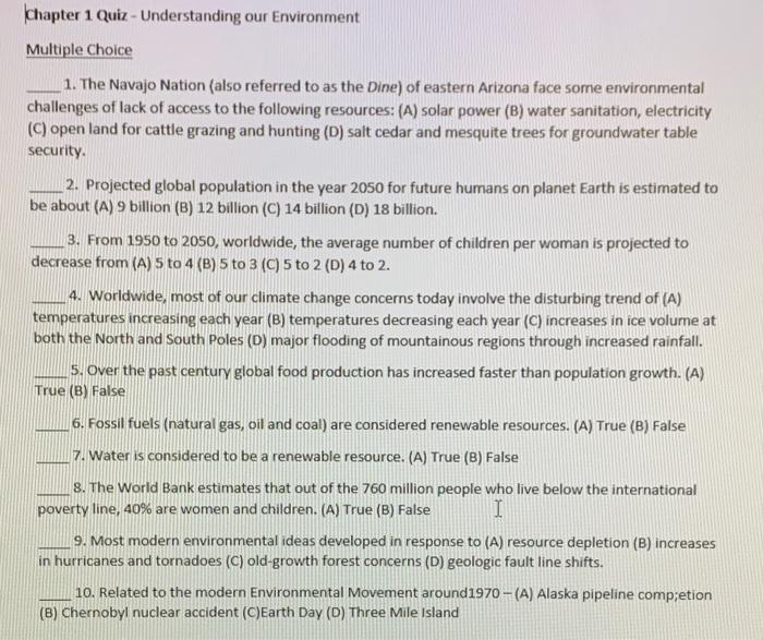 Solved Chapter 1 Quiz - Understanding our Environment | Chegg.com