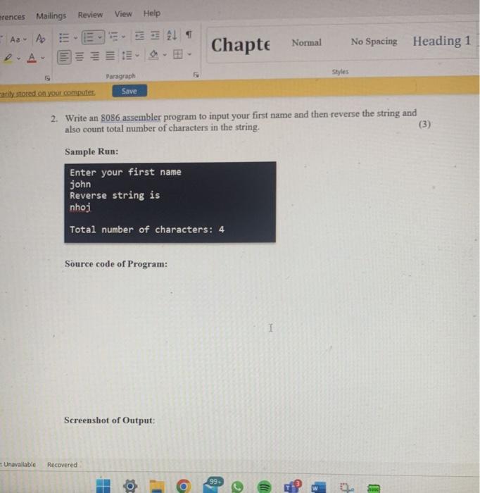Solved 2 Write An 8086 Assembler Program To Input Your 5530