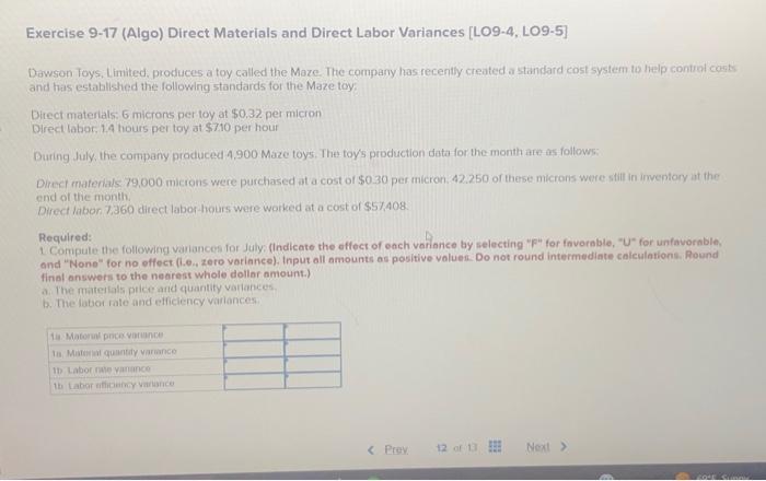 Solved Exercise 9-17 (Algo) Direct Materials and Direct | Chegg.com