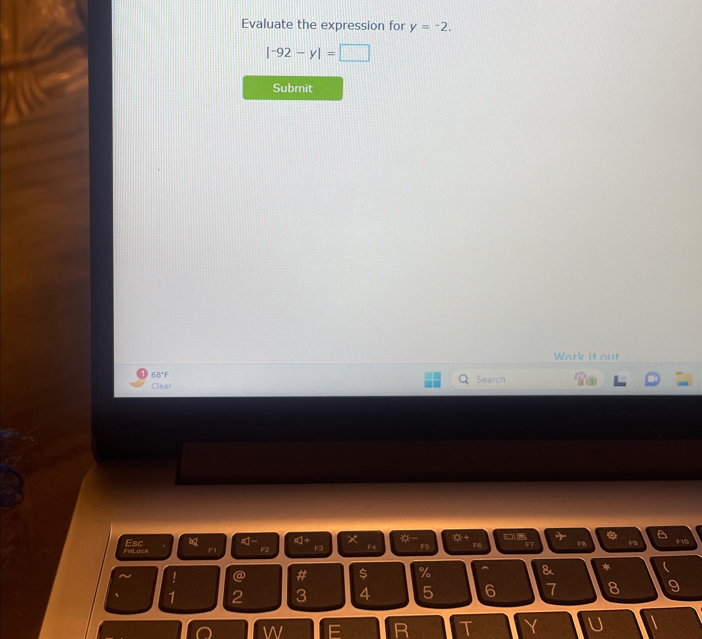 Solved Evaluate the expression for y=-2.|-92-y|=(1) 68°FWork | Chegg.com