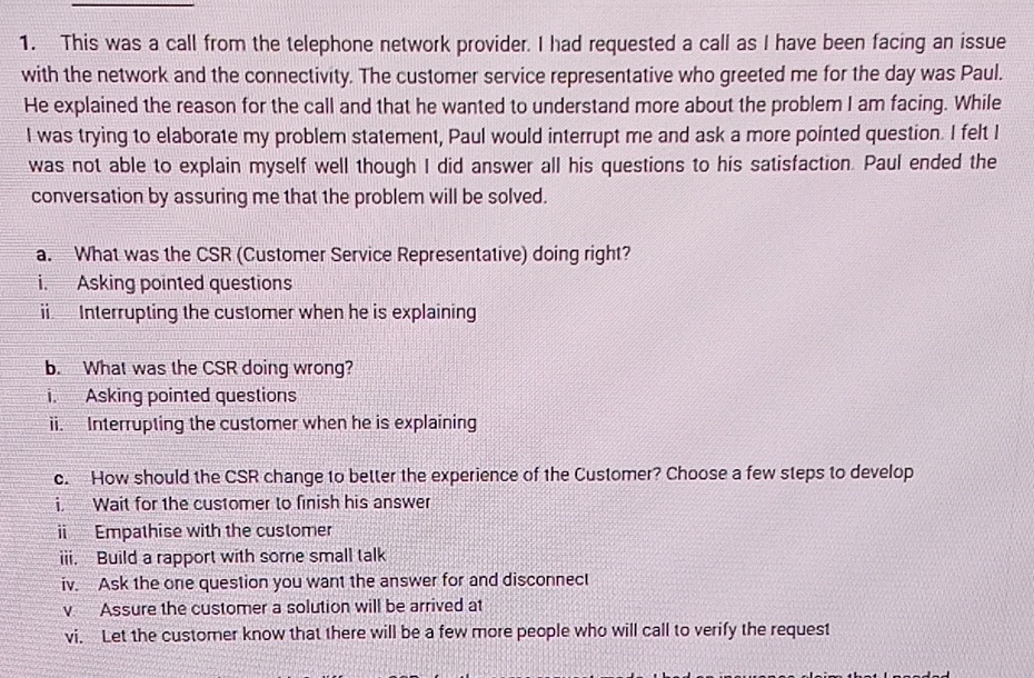 Solved This was a call from the telephone network provider. | Chegg.com