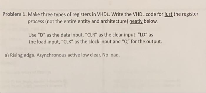 Solved Problem 1. Make three types of registers in VHDL. | Chegg.com