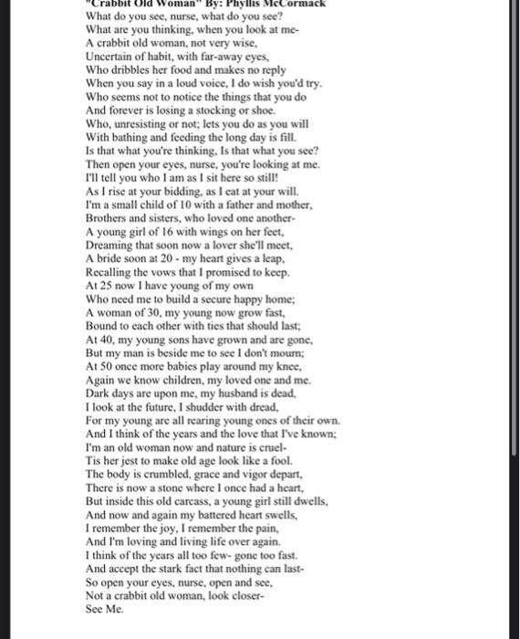 rabbit Old Woman" By: Phyllis McCormack What do you | Chegg.com