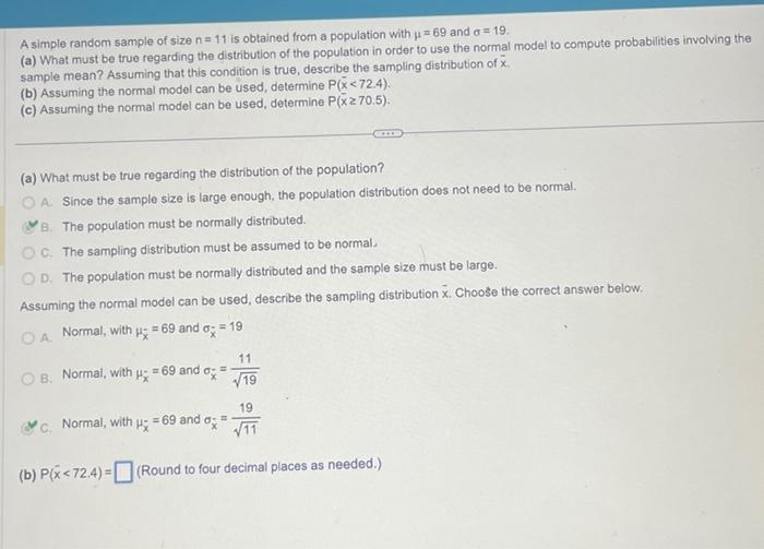 Solved A simple random sample of size n=11 is obtained from | Chegg.com