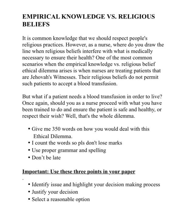 Solved EMPIRICAL KNOWLEDGE VS. RELIGIOUS BELIEFS It is | Chegg.com