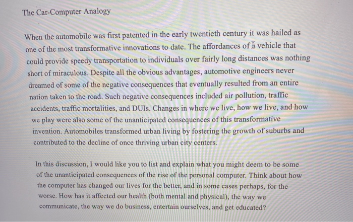 Solved The Car-Computer Analogy When the automobile was | Chegg.com