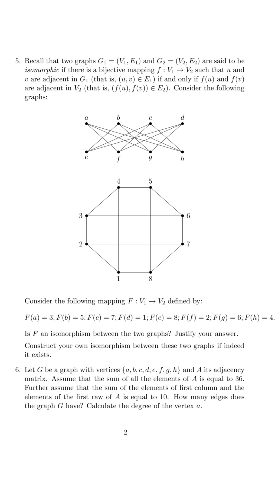 Solved Recall that two graphs G1=(V1,E1) ﻿and G2=(V2,E2) | Chegg.com