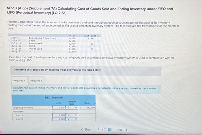 Solved M7-19 (Algo) (Supplement 7A) Calculating Cost of | Chegg.com