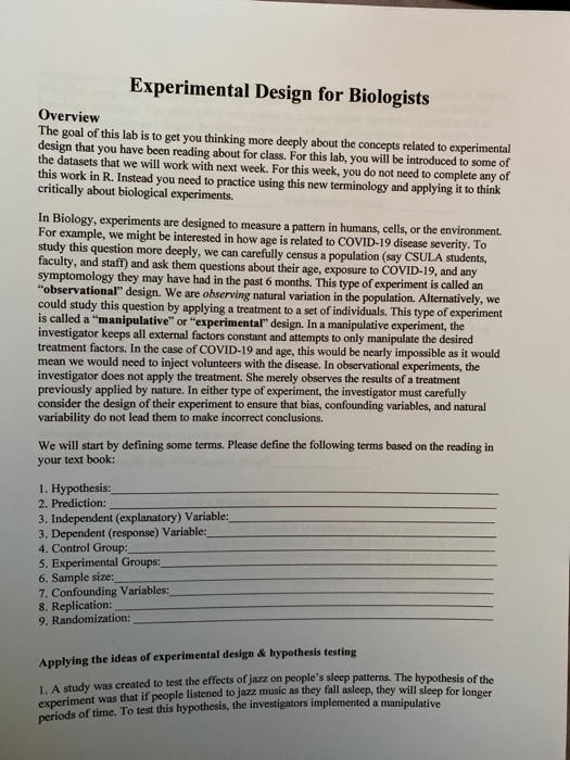 Experimental Design for Biologists Overview The goal | Chegg.com