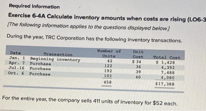 Solved Required Information Exercise 6-4A Calculate | Chegg.com