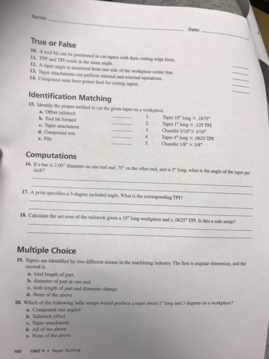 Solved SECTION 5: Turning UNIT 5 Taper Turning Name: Date: | Chegg.com