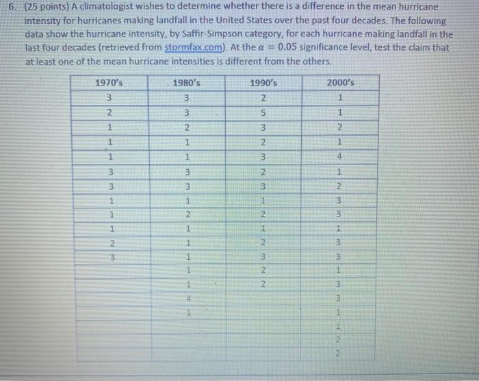 Solved 6. (25 points) A climatologist wishes to determine | Chegg.com