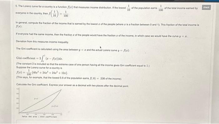 Solved 5. The Lorenz curve for a country is a function f(x) | Chegg.com