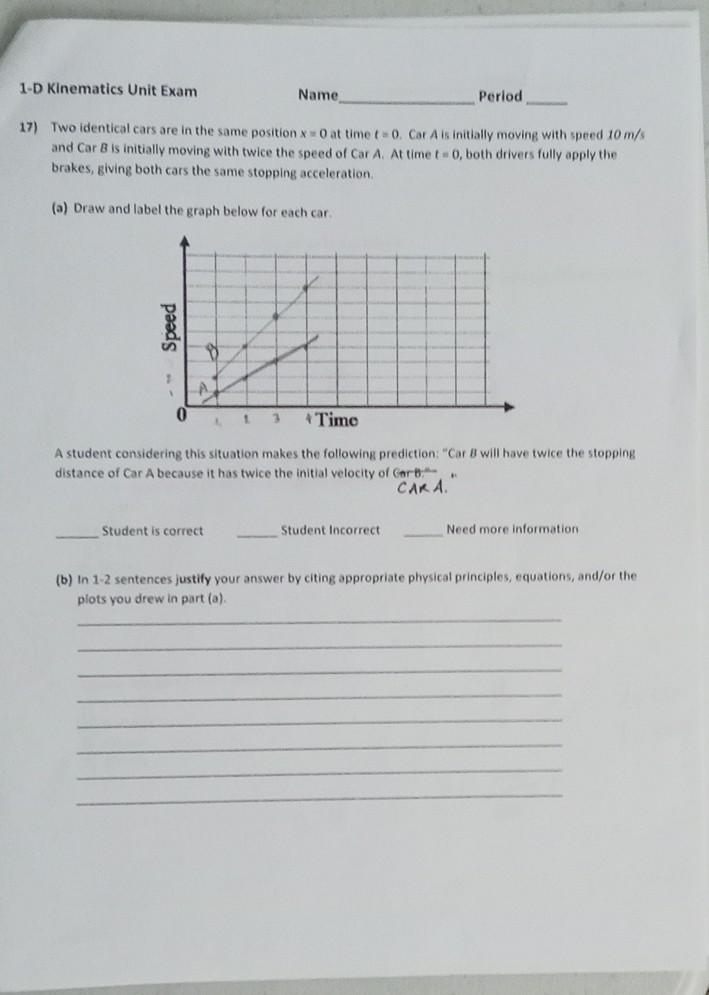 Solved 1-D Kinematics Unit Exam Name Period 17) Two | Chegg.com