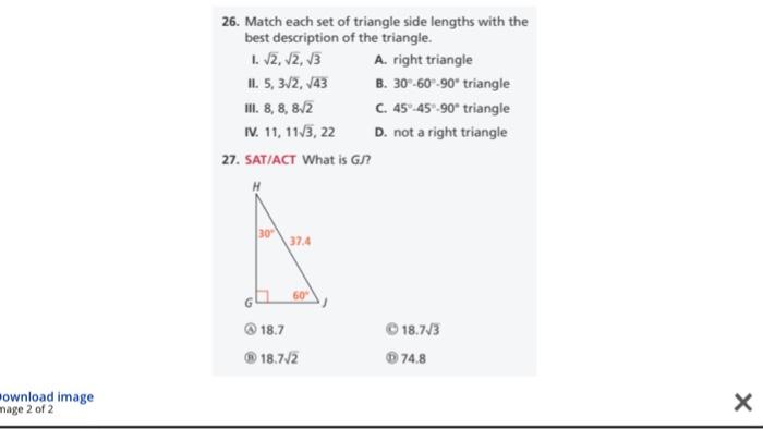 Solved 26. Match each set of triangle side lengths with the | Chegg.com