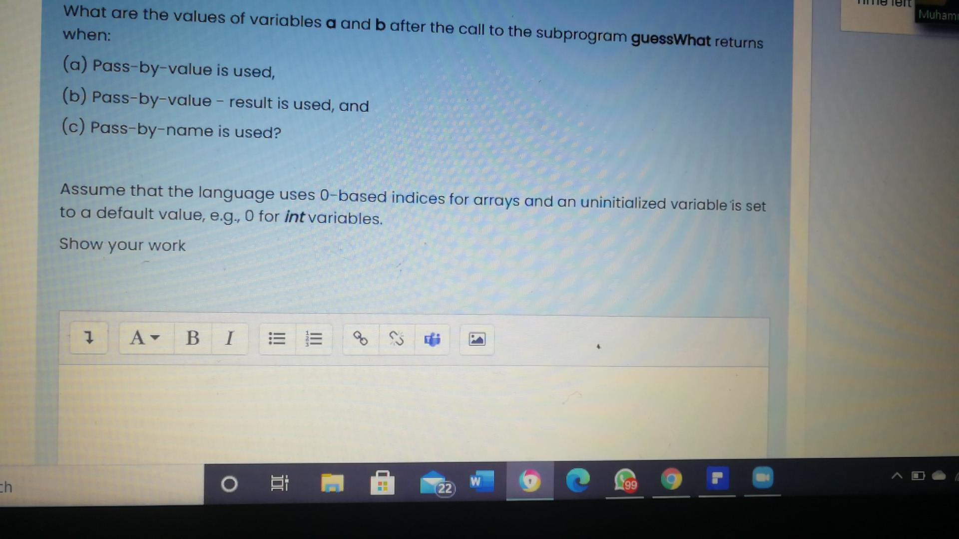 Solved o Consider the following C-like skeletal code: Quiz | Chegg.com