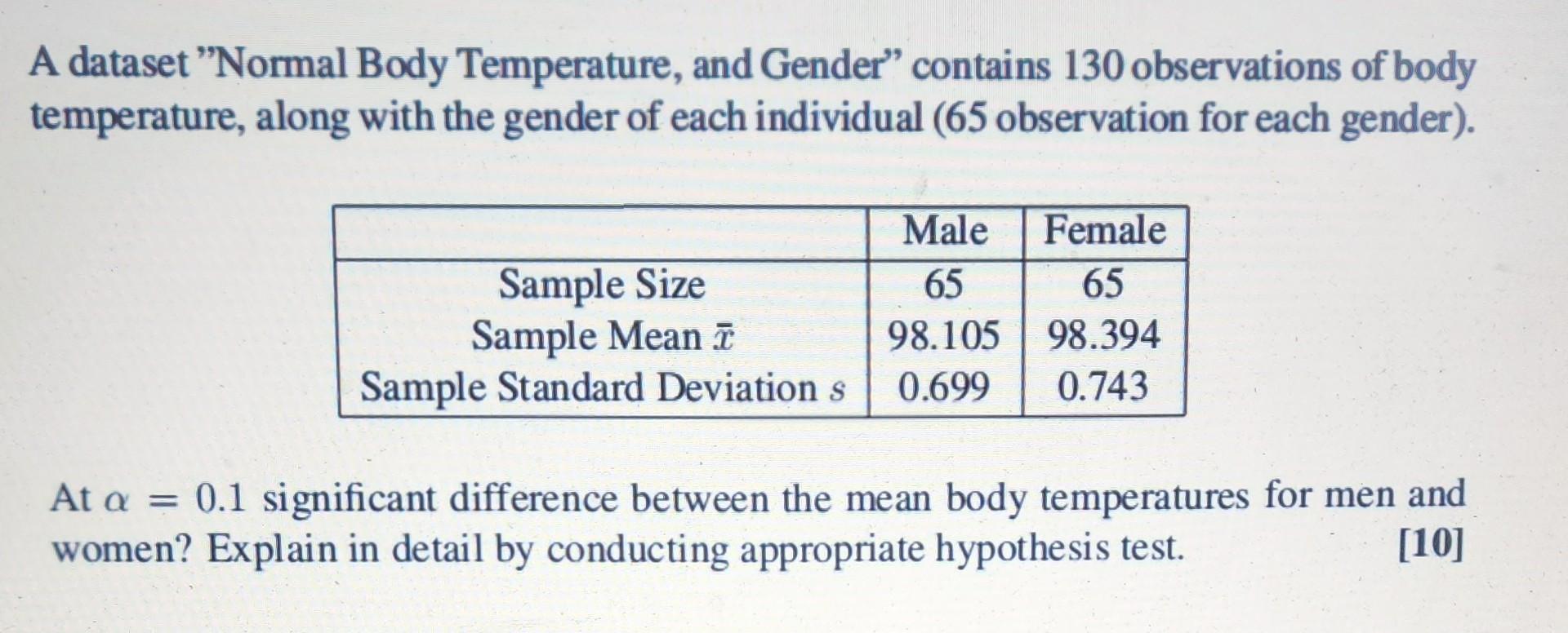 Solved A dataset "Normal Body Temperature, and Gender' | Chegg.com